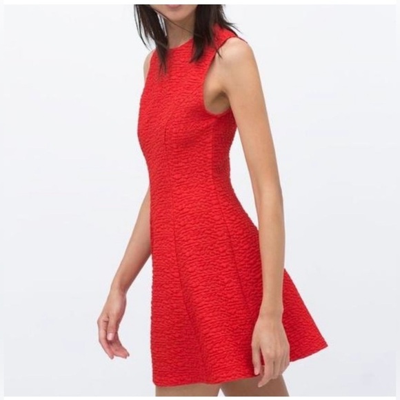 Zara | Dresses | Zara Red Fit And Flare Dress Textured Fabric Size ...